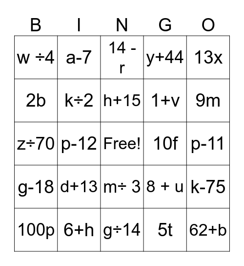 Algebraic Expressions Bingo Card