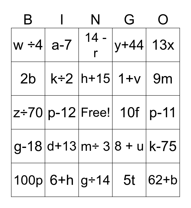 Algebraic Expressions Bingo Card