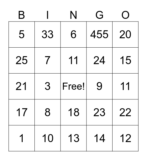 NUMBERS Bingo Card