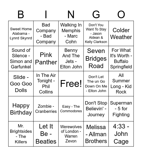 Musicians Choice Bingo Card