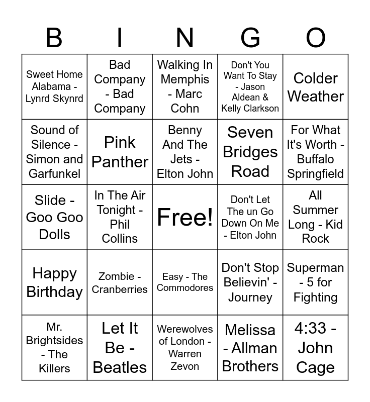 Musicians Choice Bingo Card