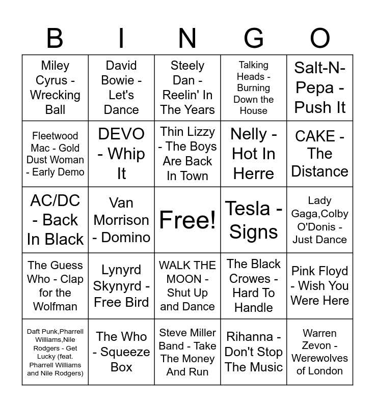 Players Choice Bingo Card