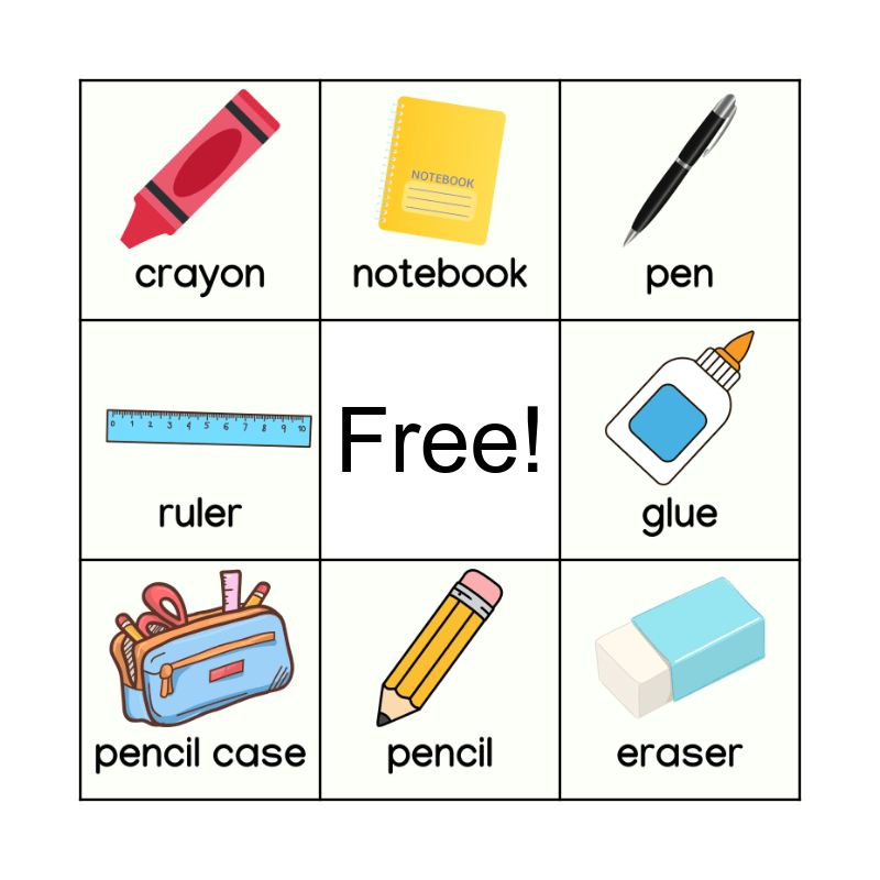 School objects Bingo Card