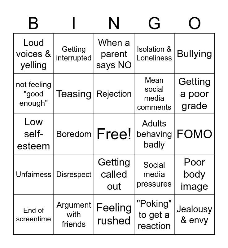 Things That Make Me Emo Dysregulated Bingo Card