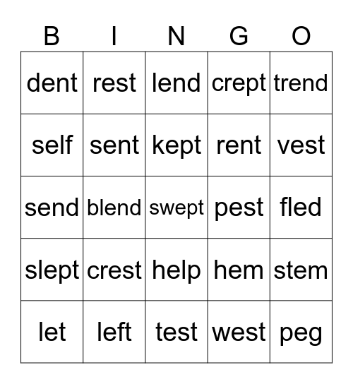 Short e Bingo Card