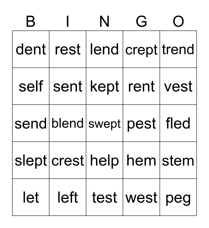 Short e Bingo Card