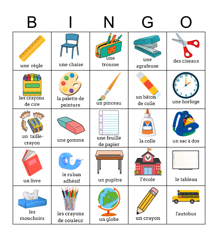 A l'école Bingo Card