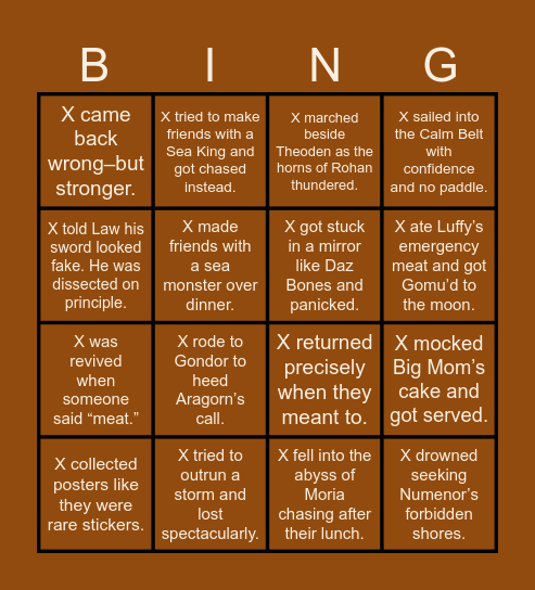 One Piece / LOTR Rumble Bingo Card