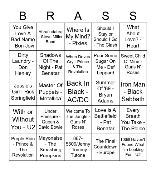 Brass Tap Music Bingo Card