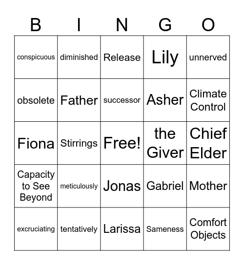 The Giver Bingo Card