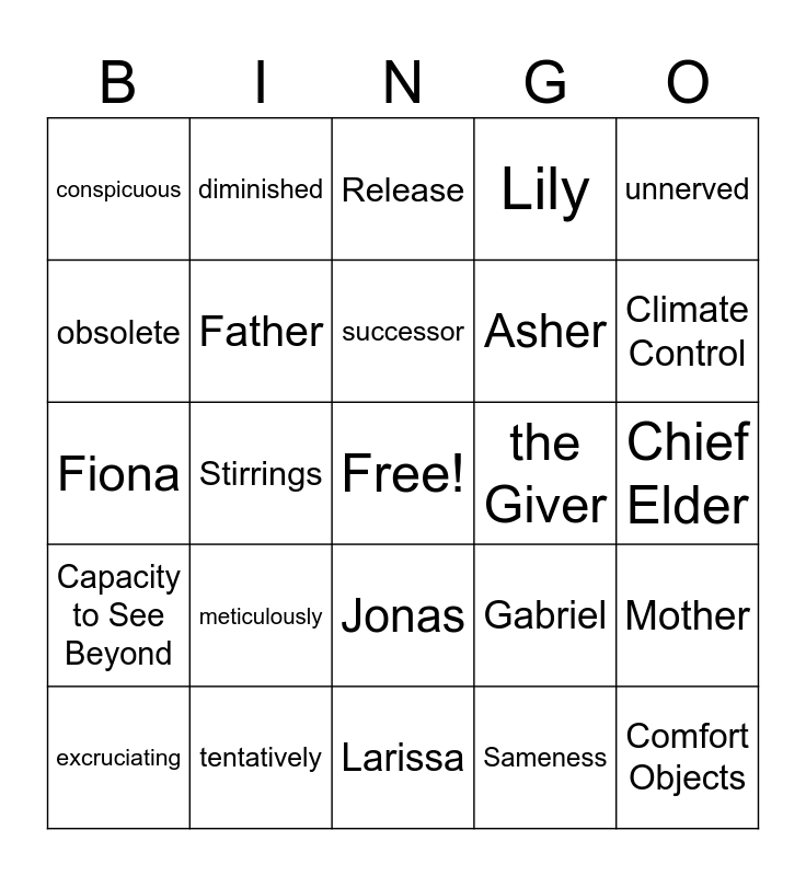 The Giver Bingo Card