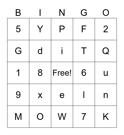 Letter and Number Bingo Card