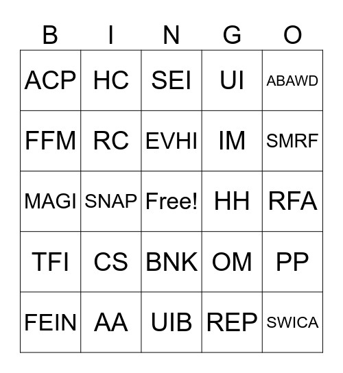 Acronym Bing Bingo Card