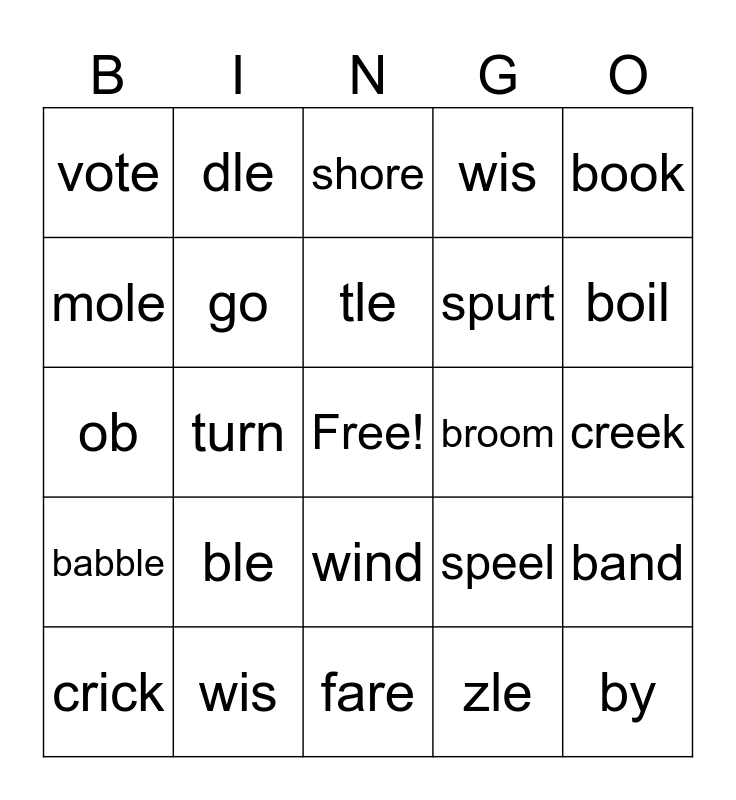 Syllable Types Bingo Card
