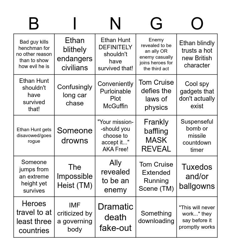 Mission Impossible Movie Night Bingo Card
