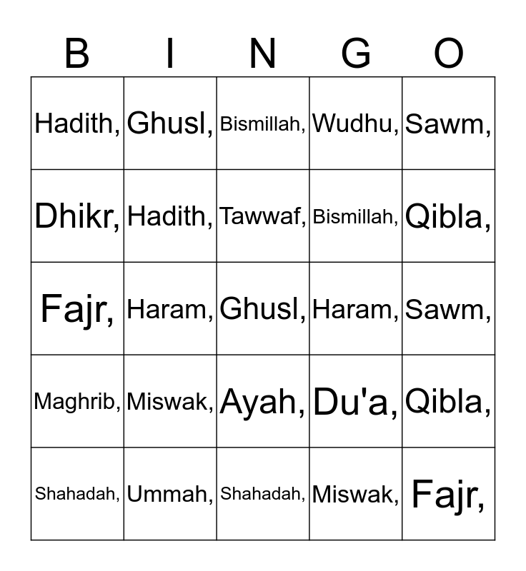 Islamic Bingo Card