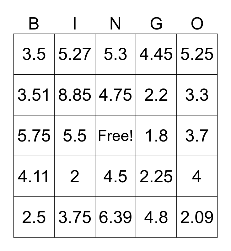 Adding Decimals Bingo Card