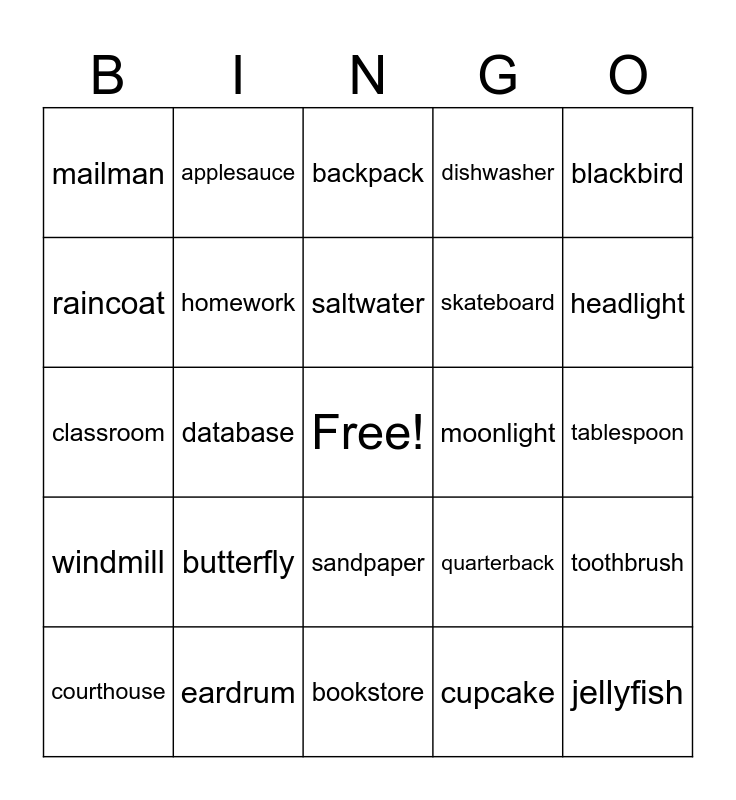 Compound Words Bingo Card