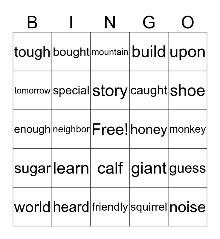 2B Tricky Words Bingo Card