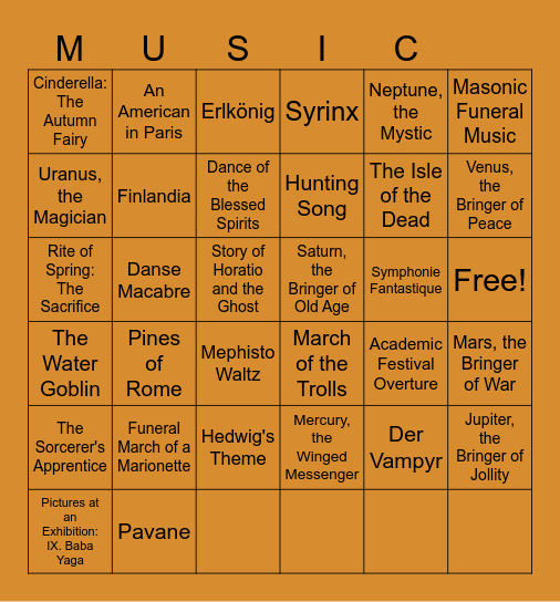Fall Classical Music Bingo Card
