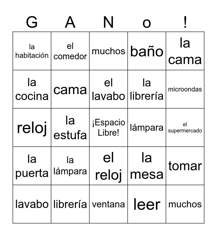 Spanish 1 Vocab 2A Bingo Card