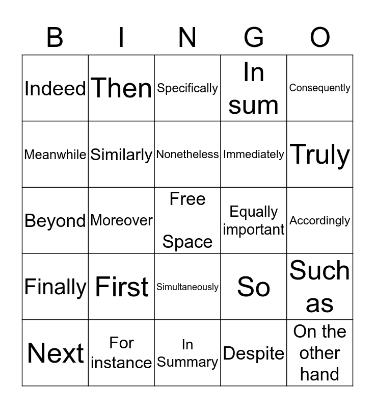 Transitional words BINGO Card