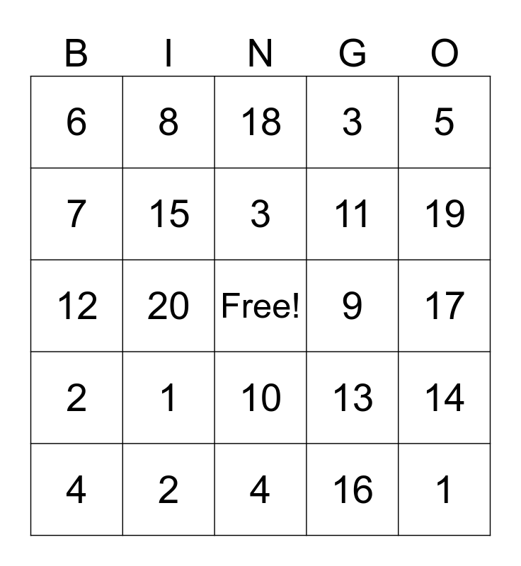 Numbers 0-20 Bingo Card