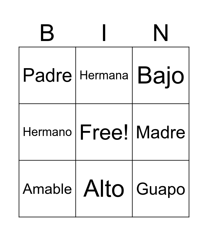 Mi Familia Bingo Card