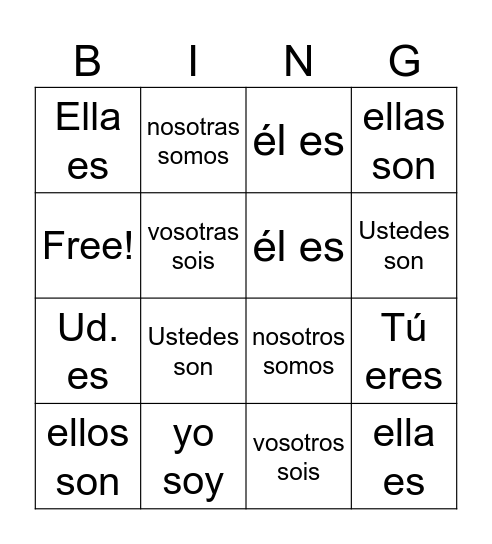 Subject Pronouns with Ser Bingo Card