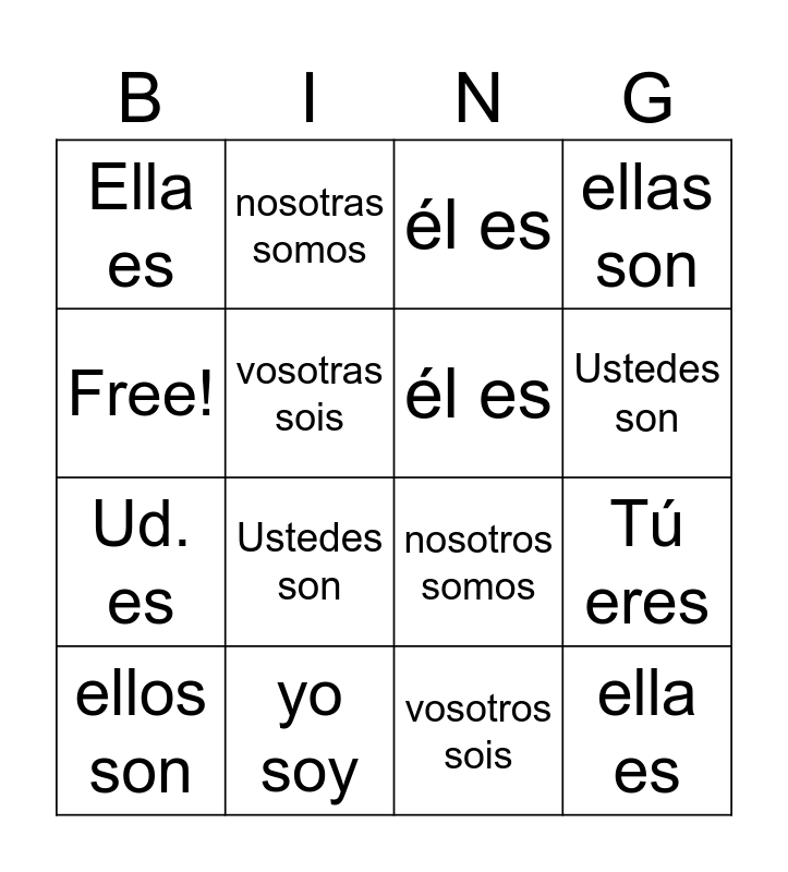 Subject Pronouns with Ser Bingo Card