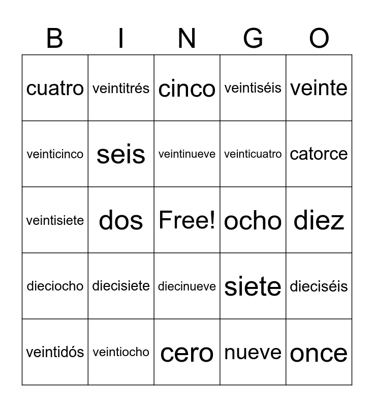Spanish Numbers 0-30 Bingo Card