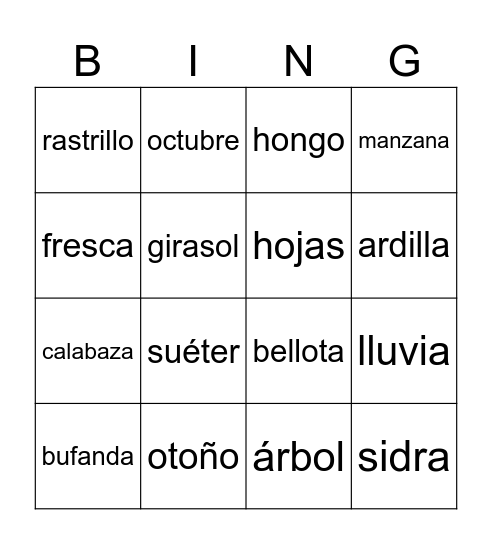 Vocabulario de Otoño Bingo Card