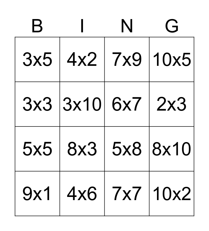 Array Matching Bingo Card