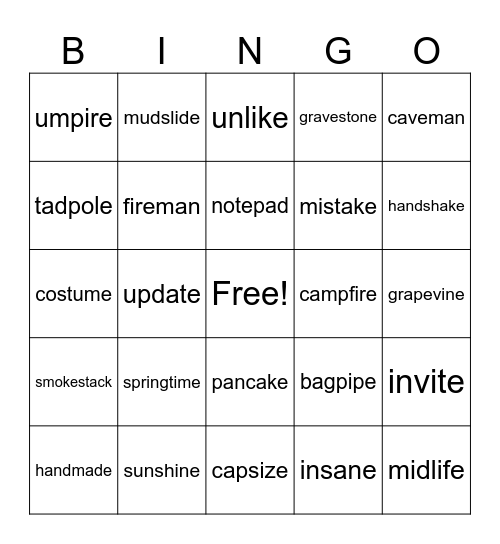 2 syllable Magic e Bingo Card