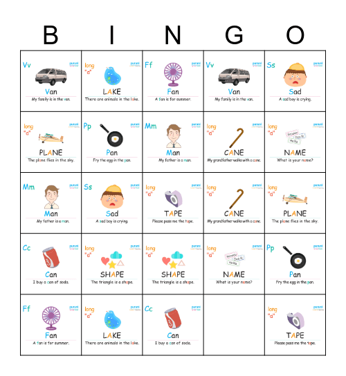 Long and Short A Bingo Card
