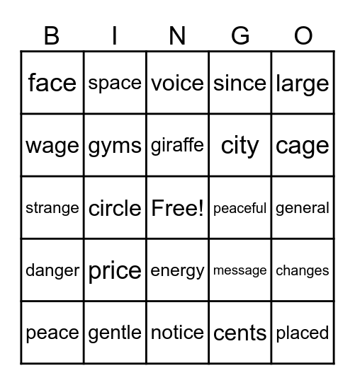 Soft C and Soft G Words Bingo Card