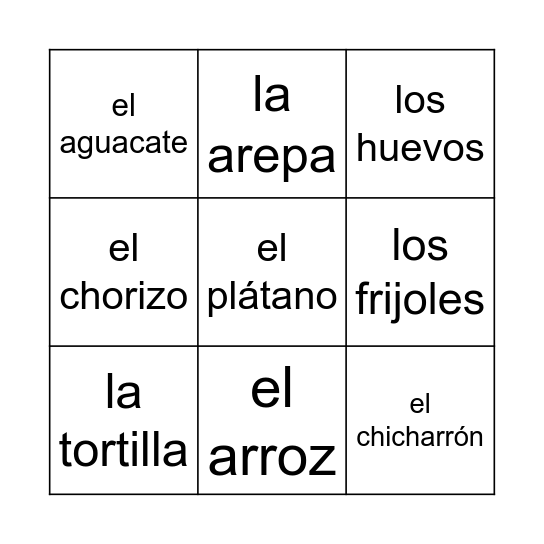 Los Alimentos Típicos de Los Países Hispanohablantes Bingo Card