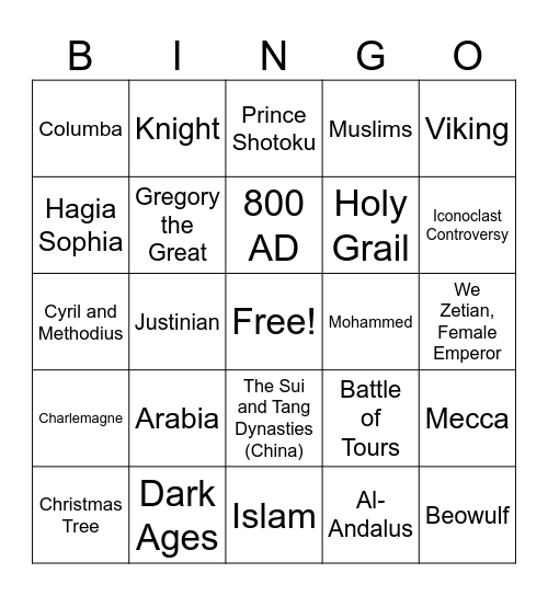 Quarter 2- The Fire Spreads (500-871 AD) Bingo Card