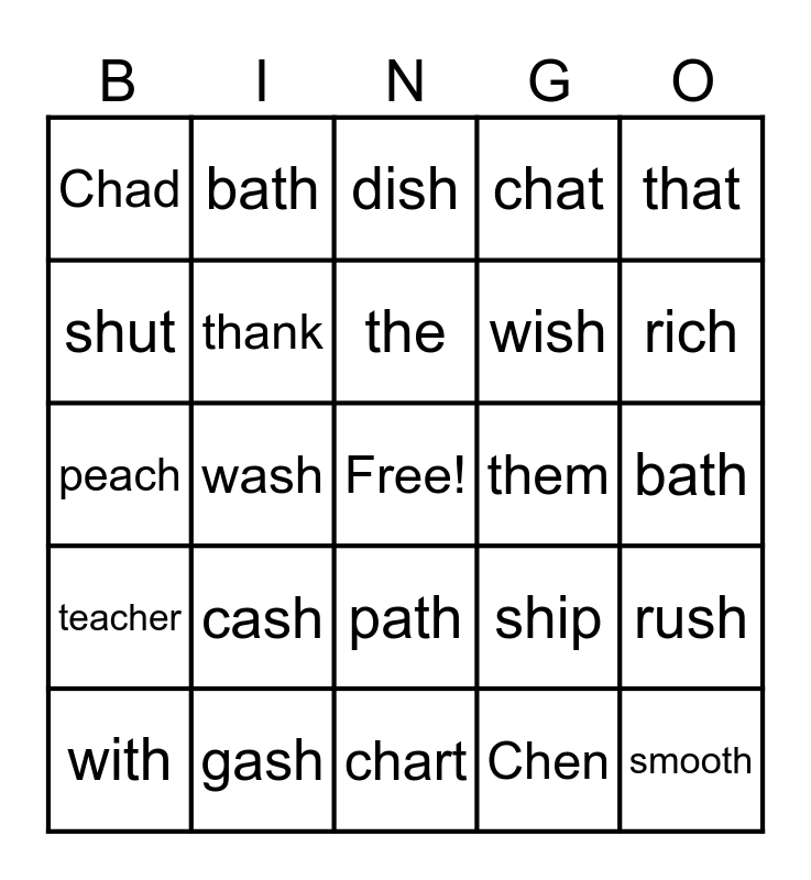Diagraph BINGO (th, sh, ch) Bingo Card