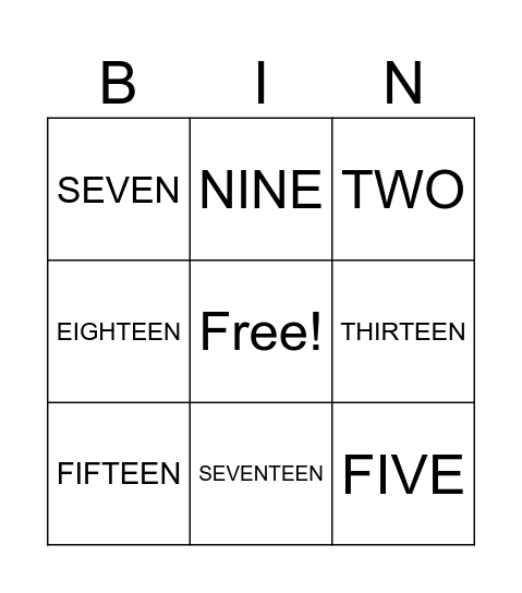 NUMBERS Bingo Card