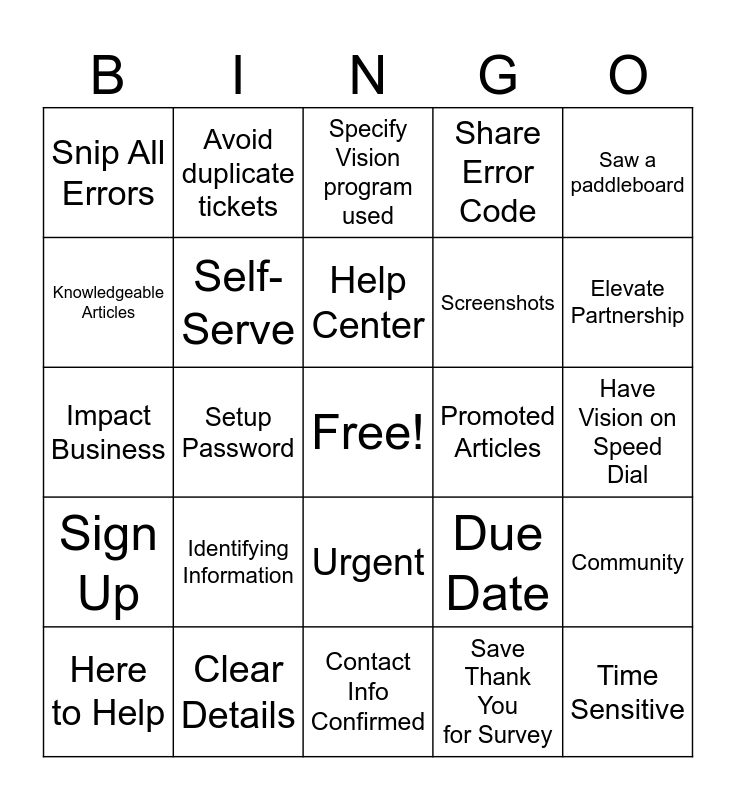 Support Bingo Card