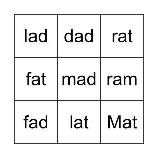 Word Box Lesson 3 Bingo Card