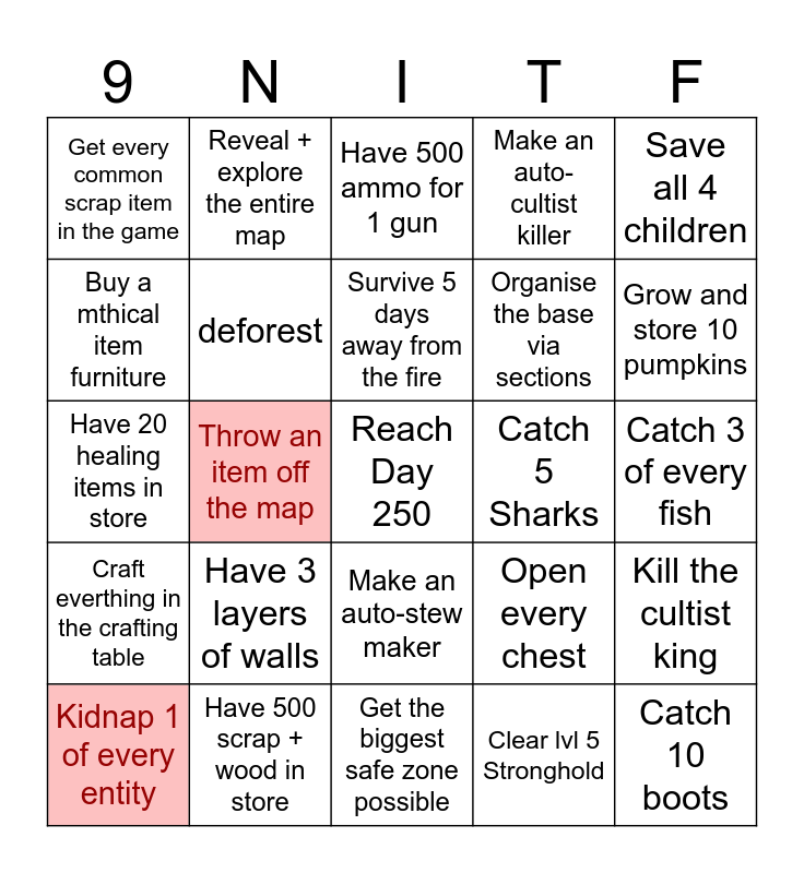 99 Nights in the Forest Challenge Bingo Card