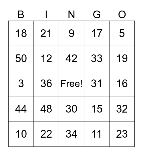 NUMBERS Bingo Card