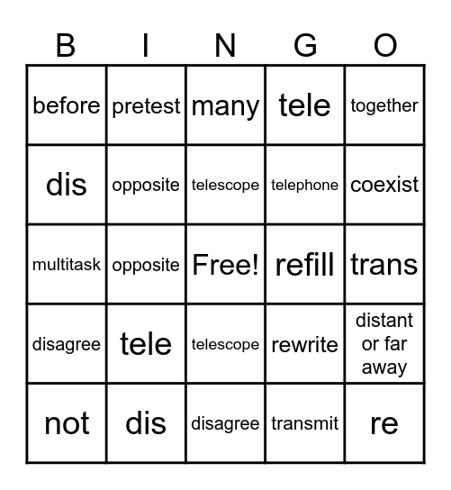 Prefixes Bingo Card