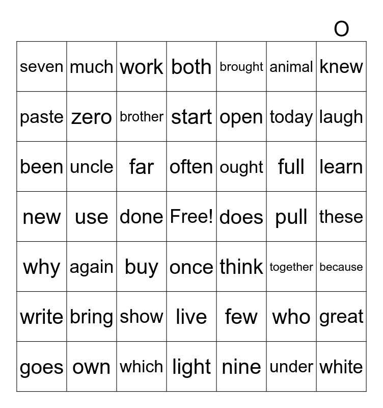 2nd Grade High Frequency Word Bingo Card