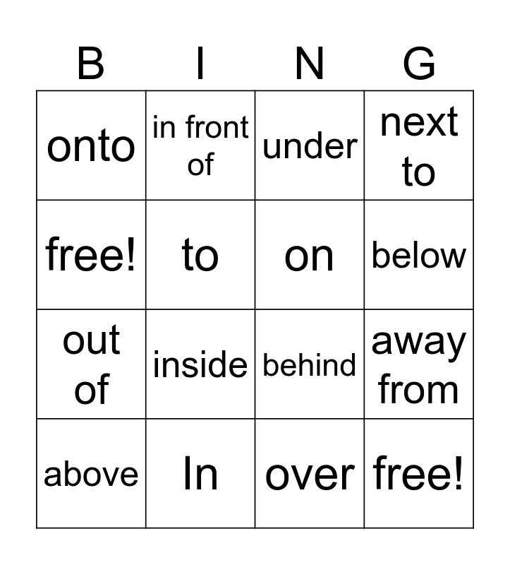 Prepositions Bingo Card