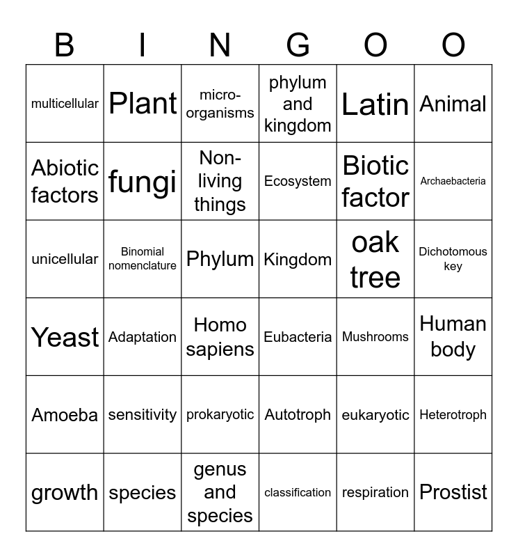 Classification Unit 1 Bingo Card