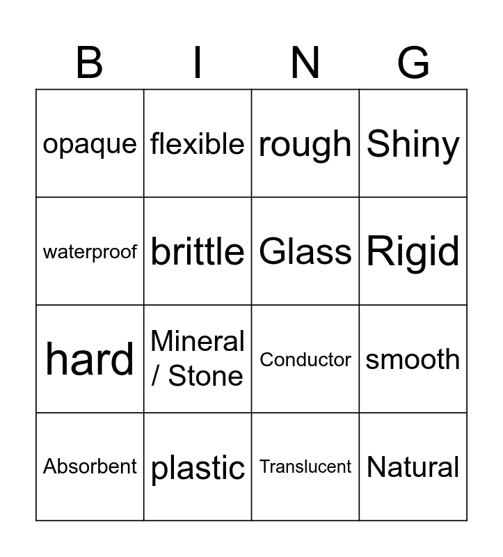 Properties of Materials Bingo Card