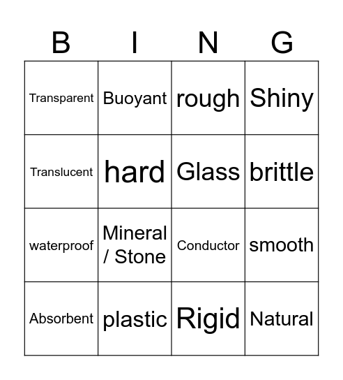 Properties of Materials Bingo Card